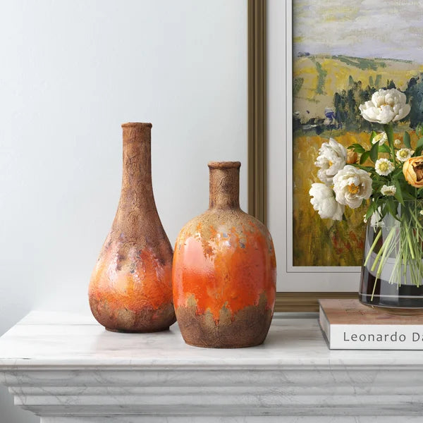 2 Piece Brazelton Rust Brown/ Bright Orange Ceramic Table Vase Set ...